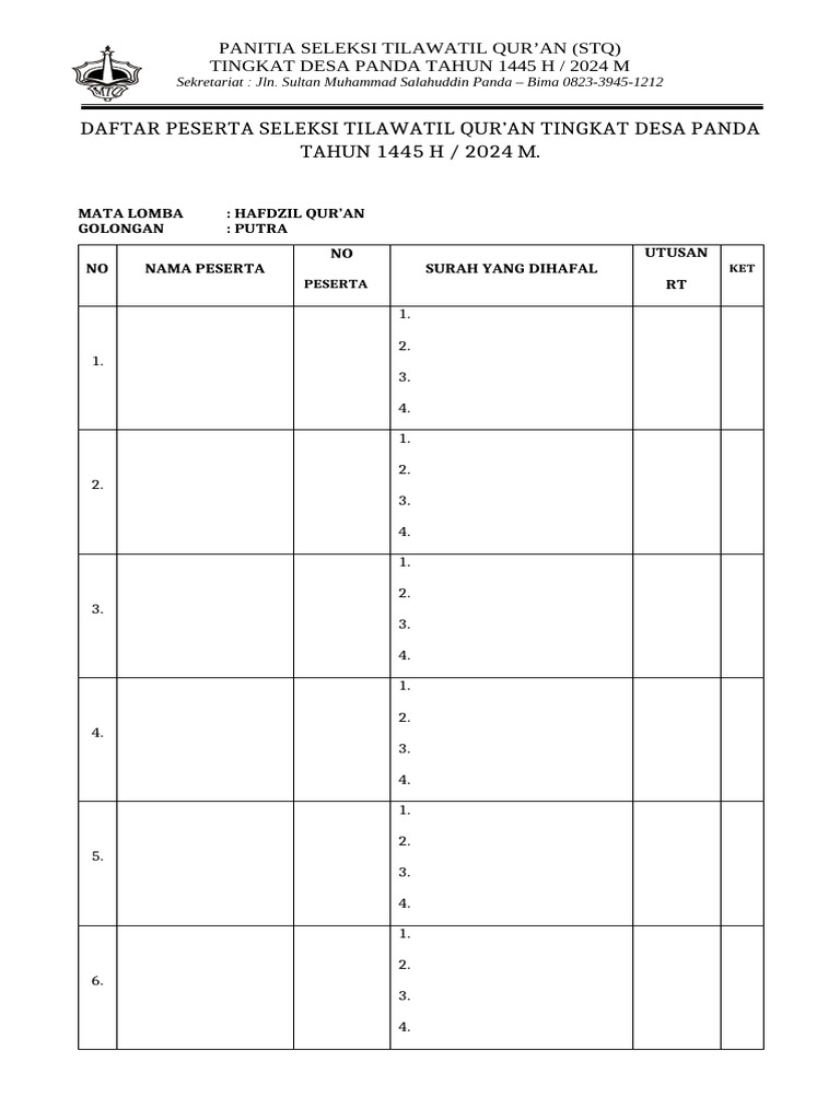Formr pendaftaran STQ TK.DESA PANDA 2024 | PDF