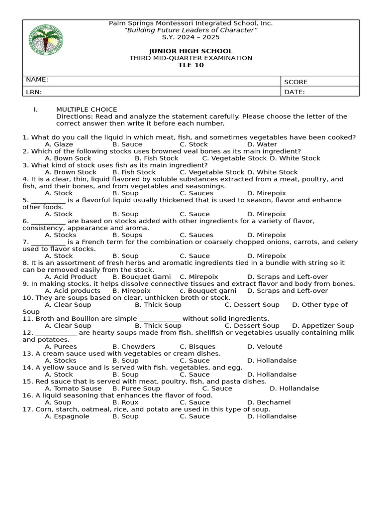 TLE10 Third Mid Exam | PDF | Stock (Food) | Soup