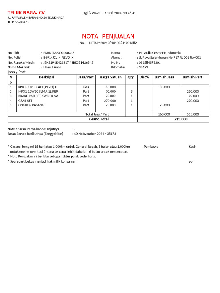 Nota Penjualan CV Niceso Teluk Naga | PDF