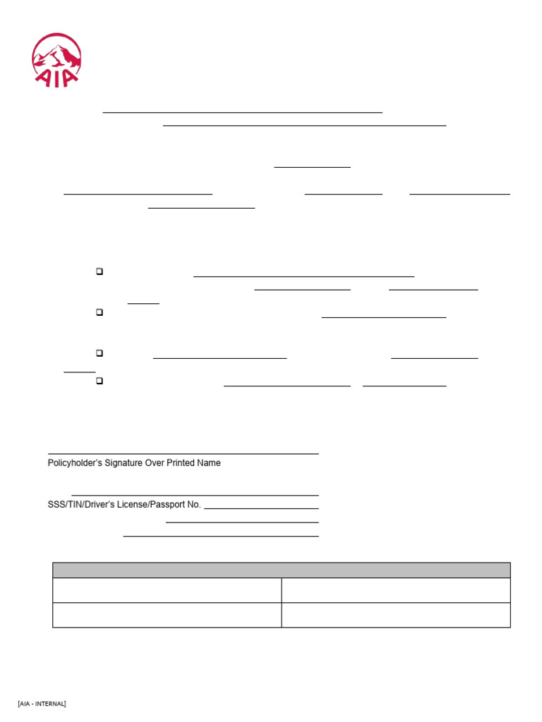 Benefit Check Handling Auth Form (AIA Phils only) | PDF | Financial ...