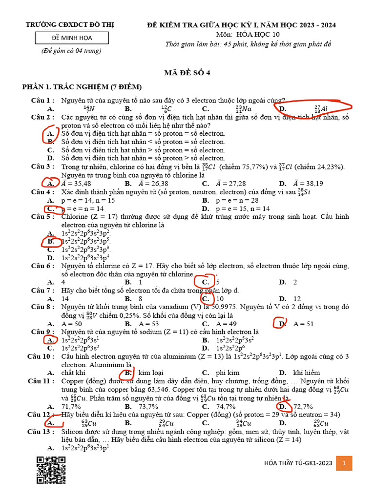 Hoa 10-GK1 - 2023 - Mã Đề 102 - Minh Họa | PDF