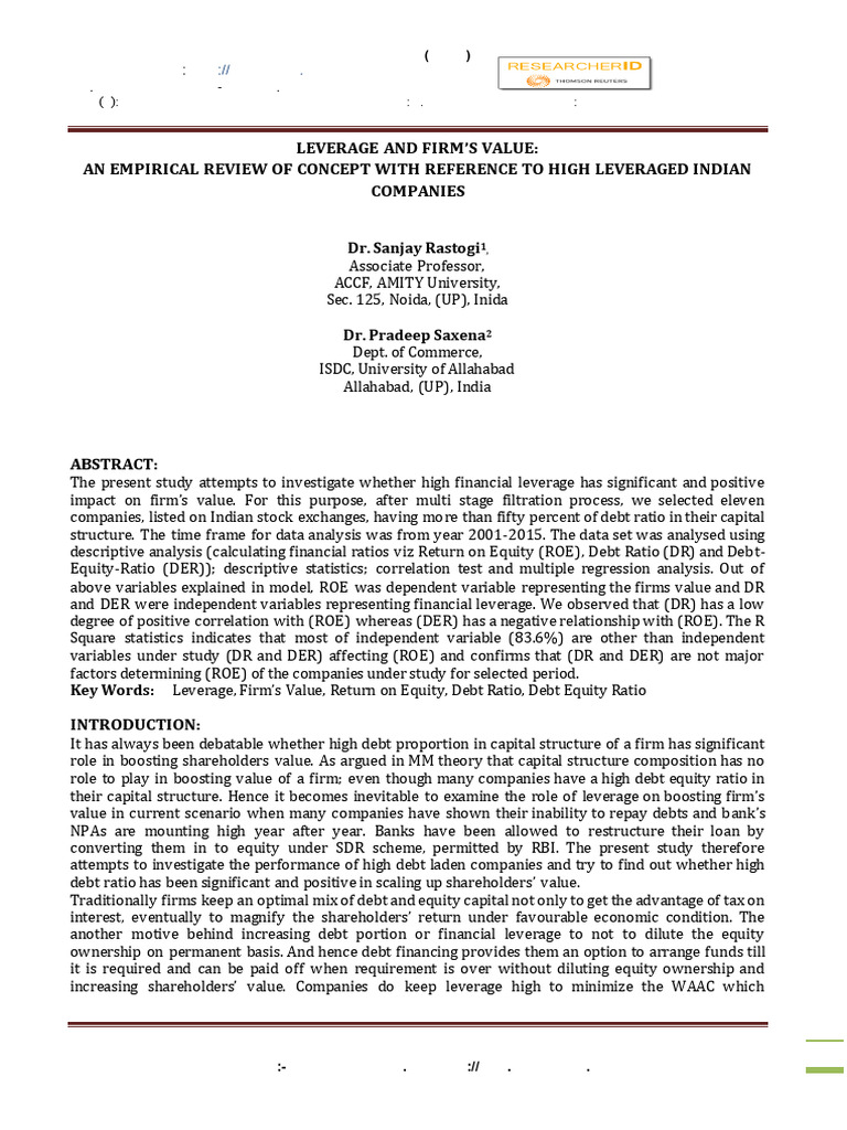 Leverage and Firms Value an Empirical Re | PDF | Coefficient Of ...