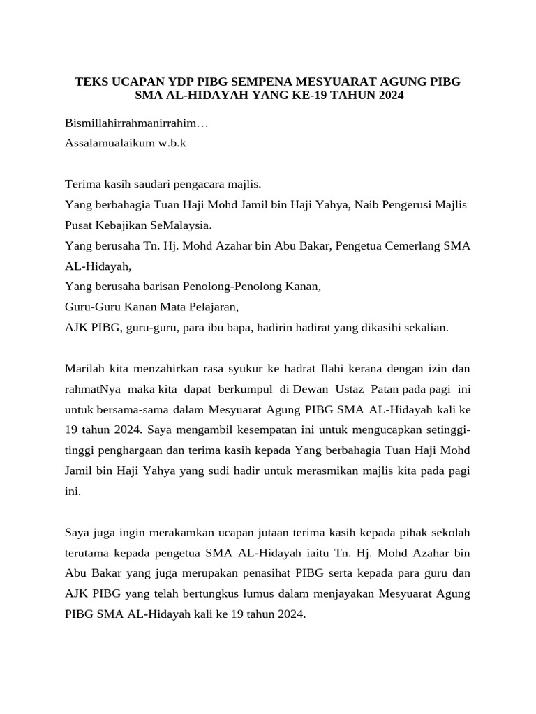 Ucapan YDP PIBG Mesyuarat Agung 2024 | PDF