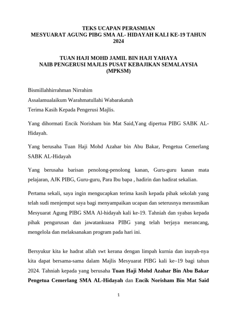 Teks Ucapan Perasmi PIBG 2024 | PDF