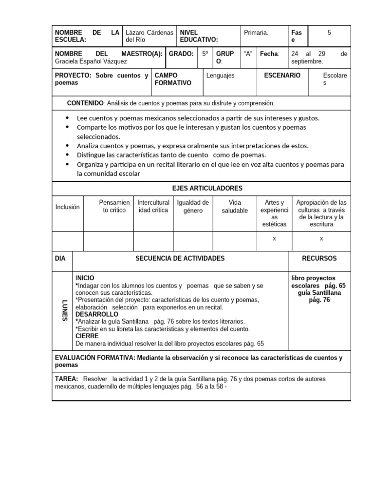 Planeacion Quinto Sem 4 | PDF | Narración | Cuentos