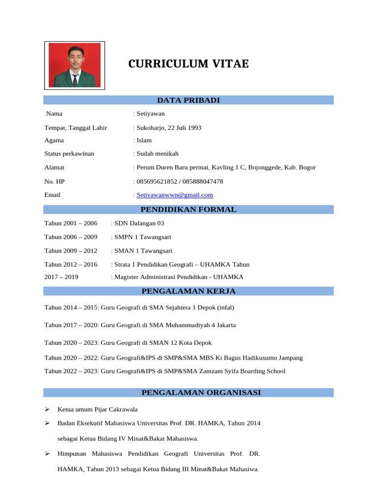 CV Setiyawan: Pendidikan dan Pengalaman | PDF