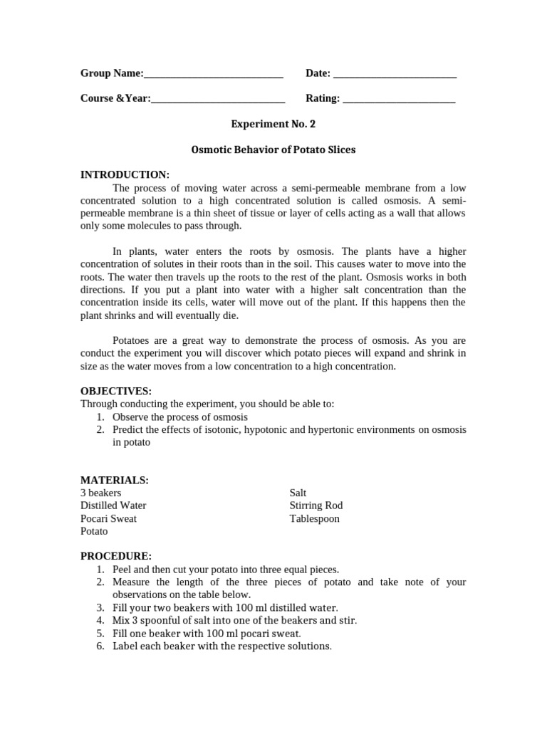 Osmotic Behavior of Potato Slices Experiment | PDF | Osmosis | Cell Biology