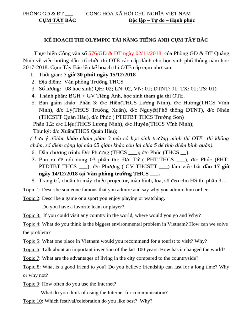 KH Ote Cum Tay Bac 2018 | PDF