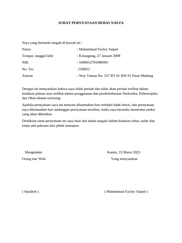 Surat Pernyataan Bebas Nafza | PDF
