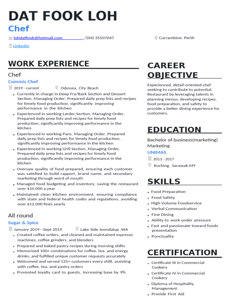 dat fook loh resume | PDF | Restaurants | Chef