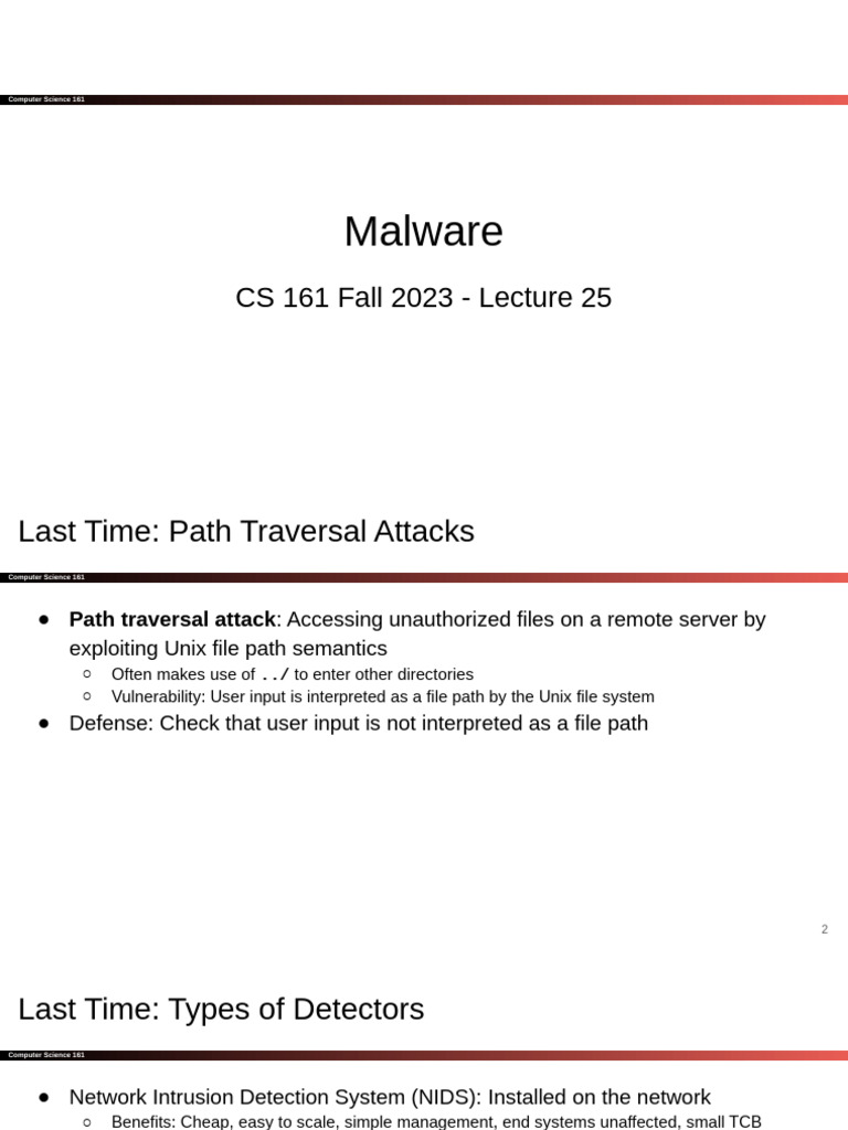 (CS161 FA23) Lecture 25 - Malware | PDF | Computer Virus | Malware