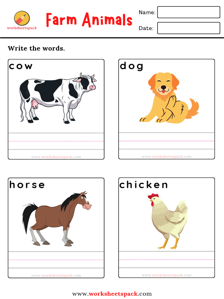 Farm Animals Word Writing Worksheet | PDF