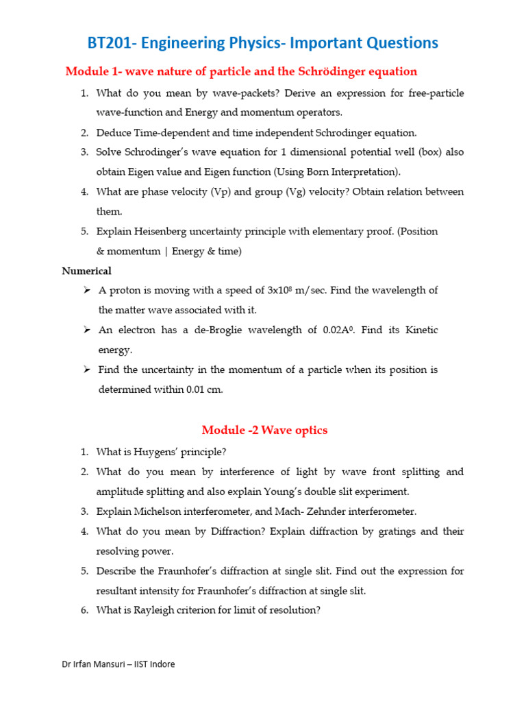 Physics Important Questions | PDF | Diffraction | Light