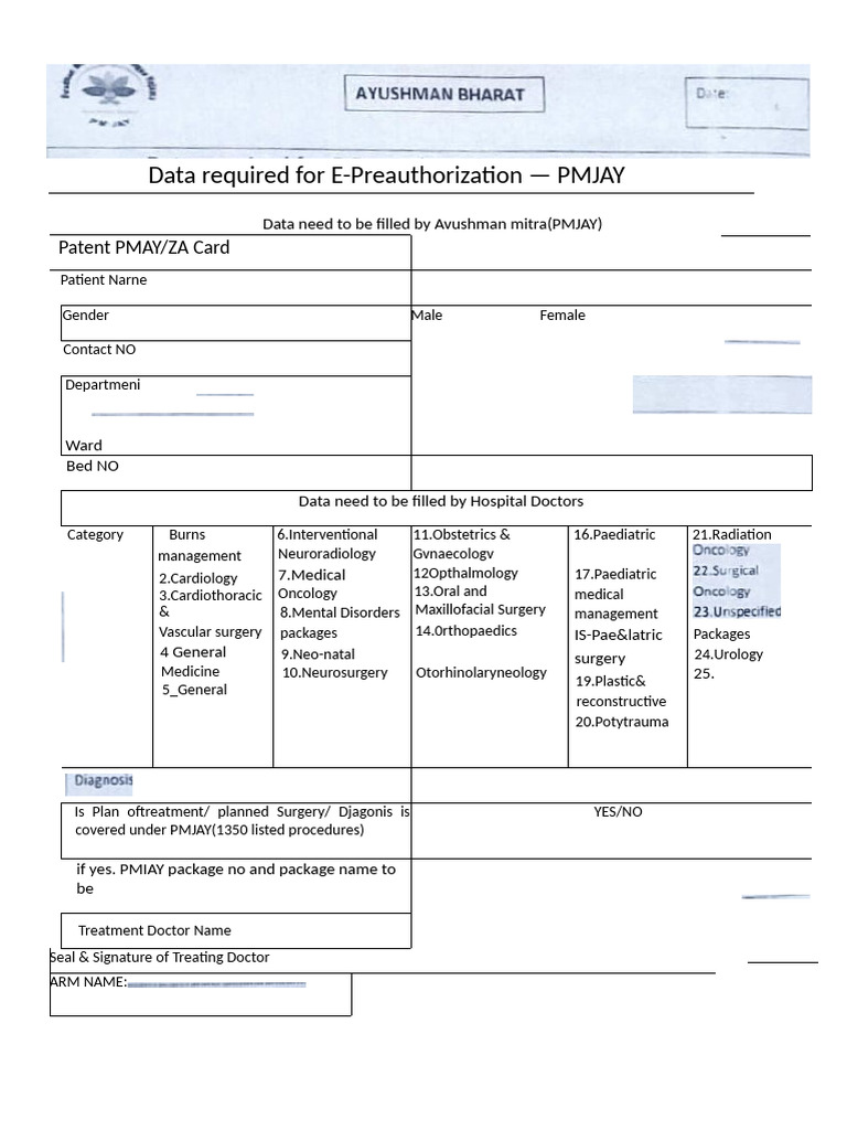 Data Required For E-Preauthorization - PMJAY: Patent PMAY/ZA Card | PDF