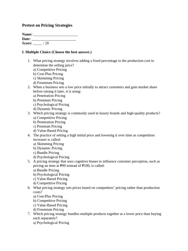 Pretest on Pricing Strategies Quiz | PDF | Pricing | Private Sector