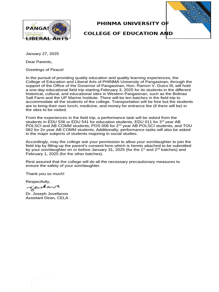 Letter To Parents and Parental Consent and Waiver | PDF