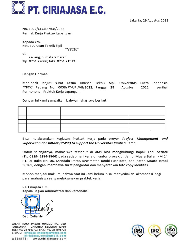 Surat Balasan UPI YPTK Padang | PDF