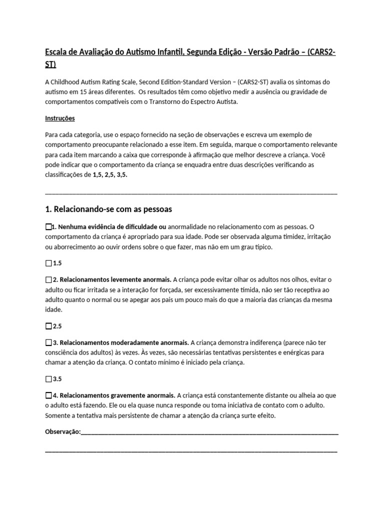 Avaliação CARS2 do Autismo Infantil | PDF | Autismo | Ansiedade