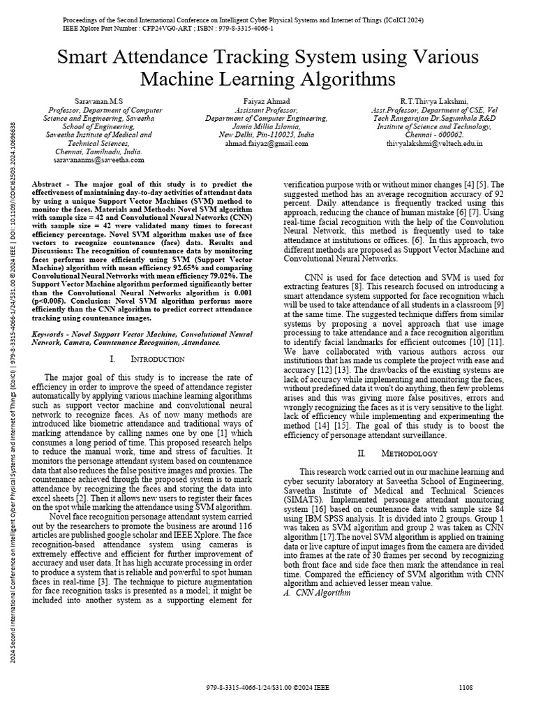 Smart Attendance Tracking System Using Various Machine Learning Algorithms | PDF | Support ...
