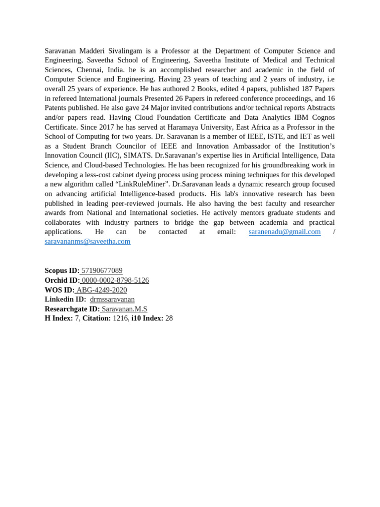 Saravanan.M.S Brief Profile | PDF