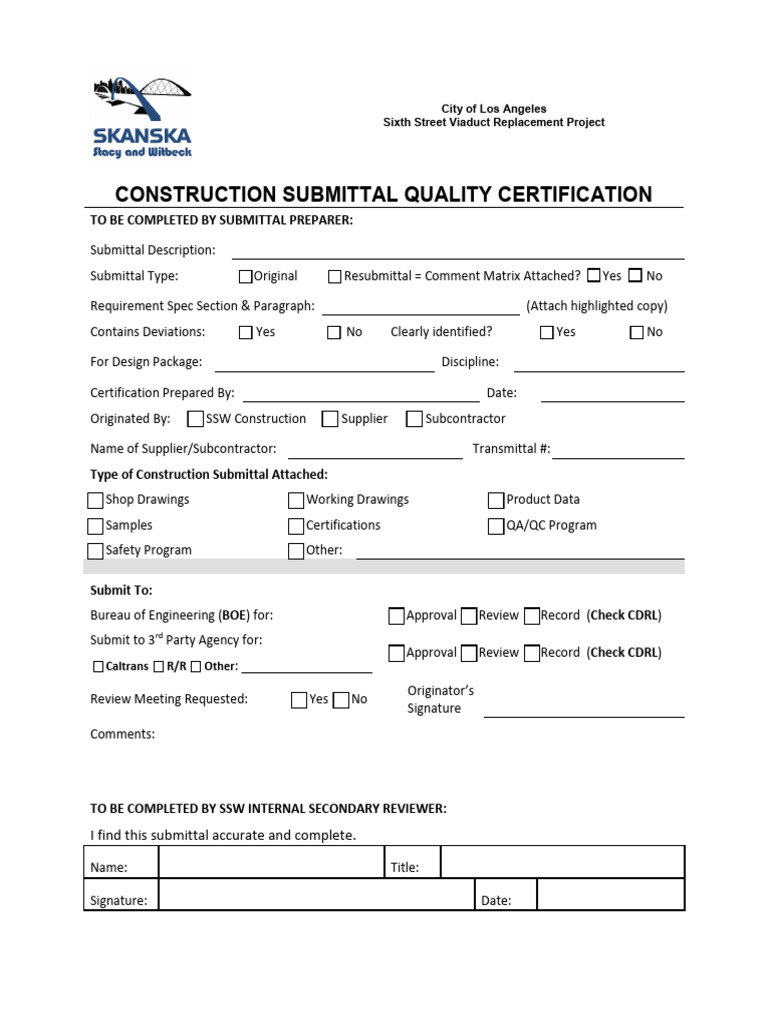 FILLABLE Construction Submittal Quality Certification | PDF