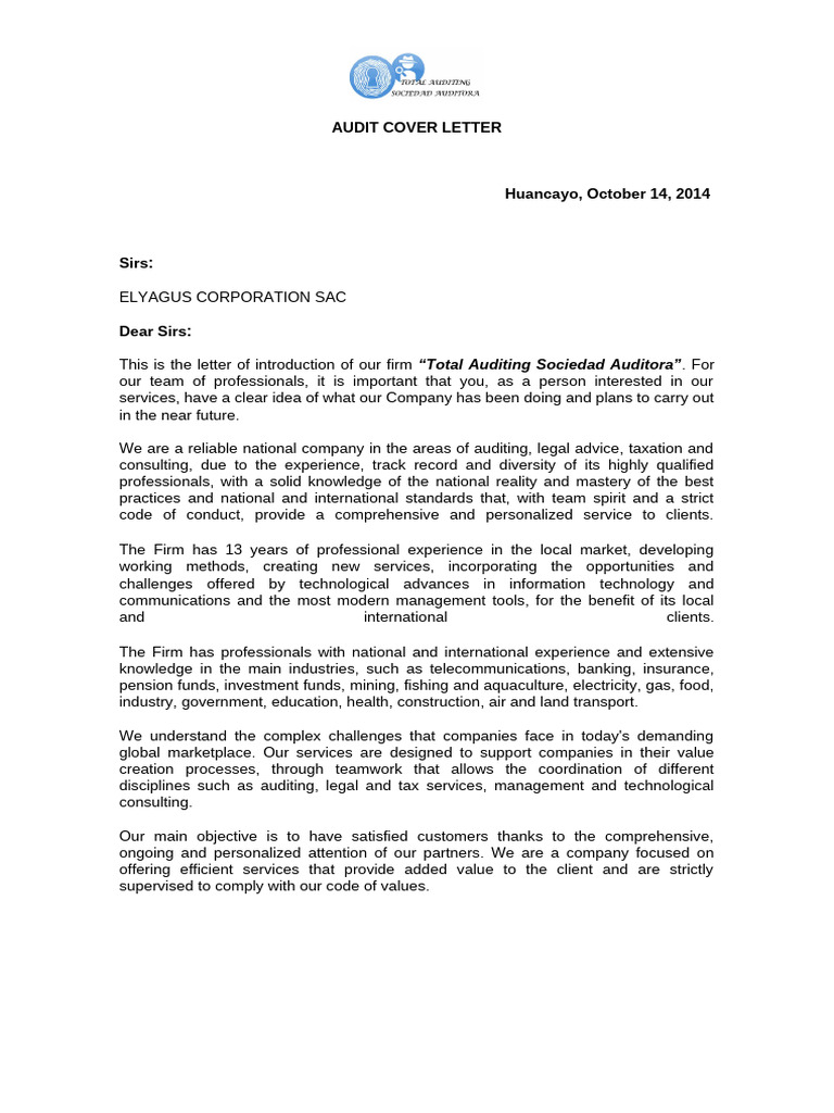 Total Auditing Services Introduction Letter | PDF | Audit | Consultant
