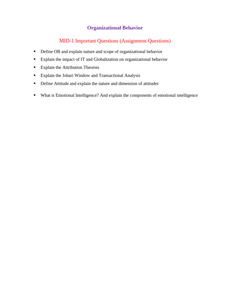 MID 1 OB Assignment Questions | PDF