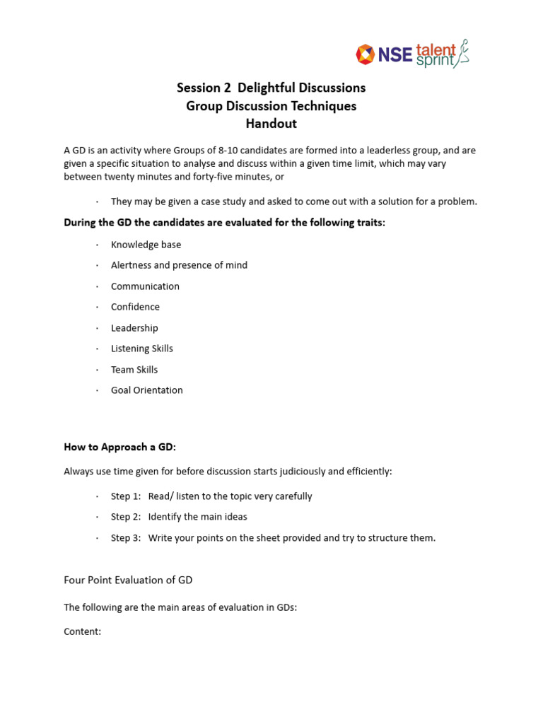 Session 2 - Group Discussion Techniques - Handout | PDF | Smoking | Tobacco Smoking