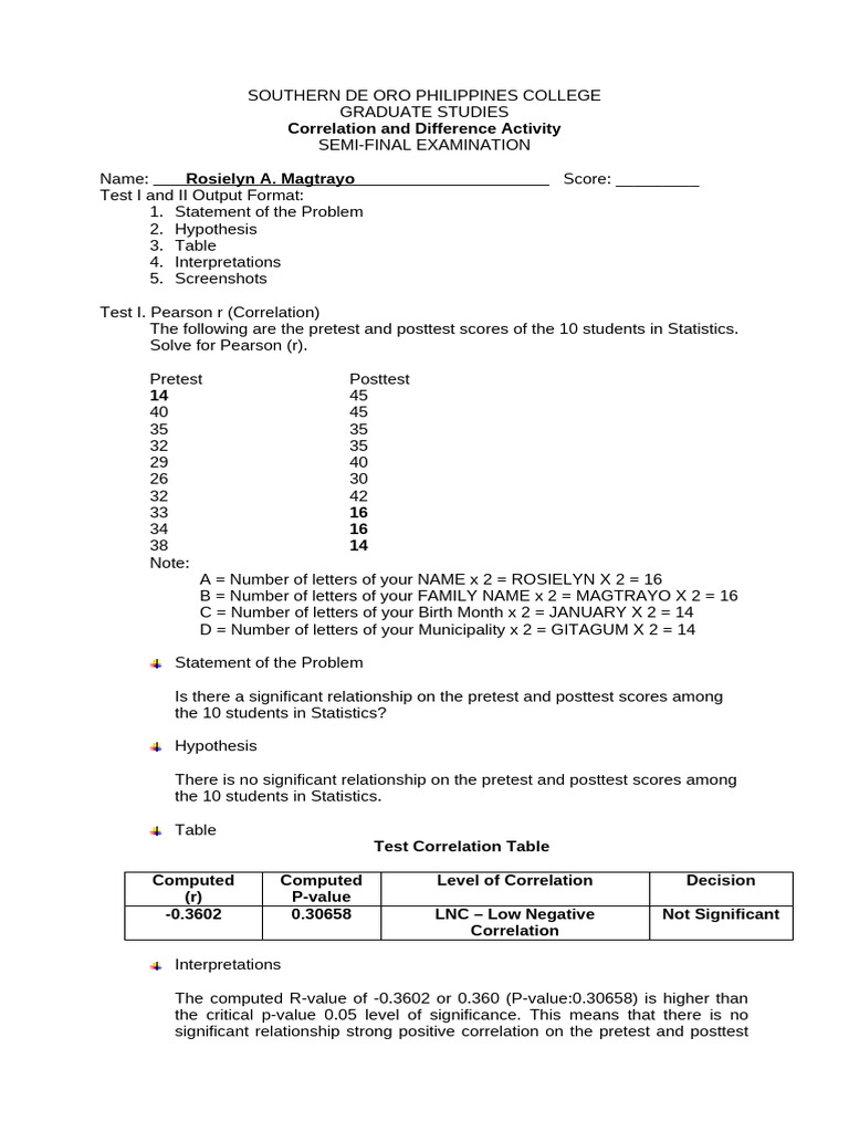 Educ 202 Correlation and Difference Activity | PDF | P Value ...
