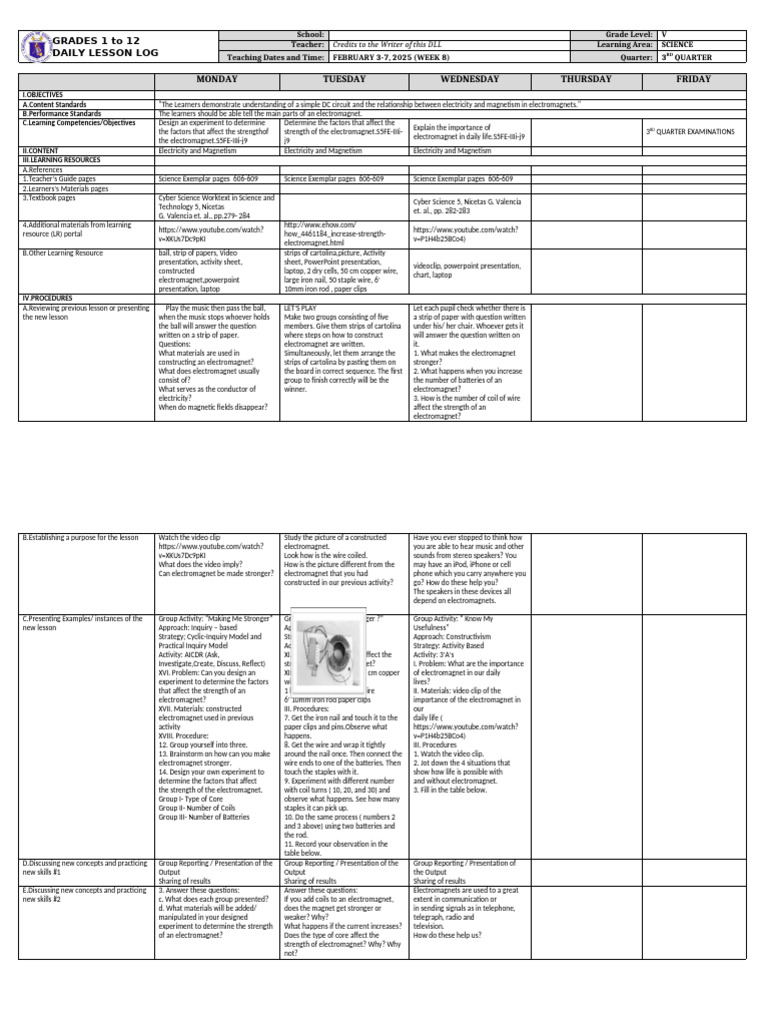 DLL - Science 5 - Q3 - W8 | PDF | Magnet | Electromagnetism