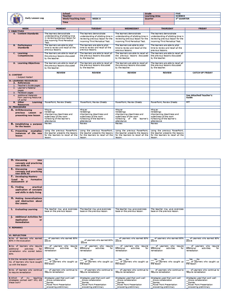 DLL WEEK 8-Q3 SCIENCE 5 | PDF | Teachers | Learning
