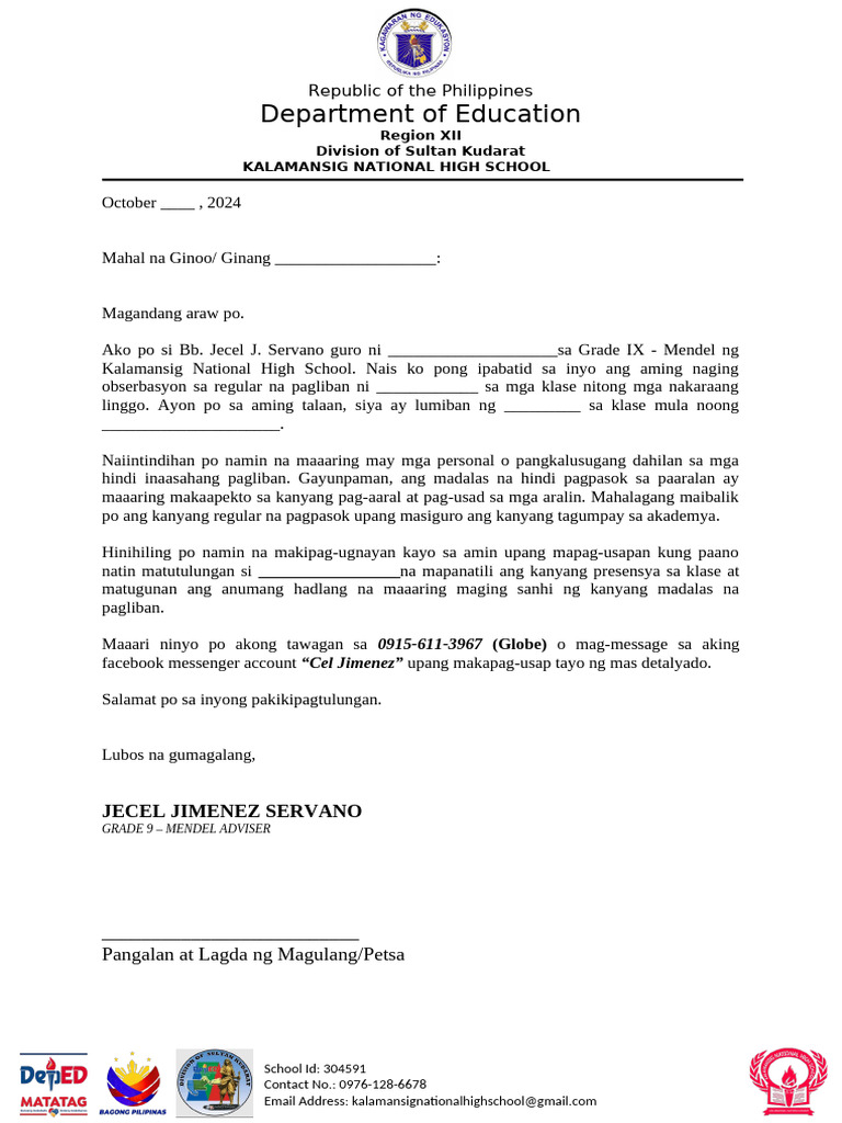 Letter To Parent | PDF