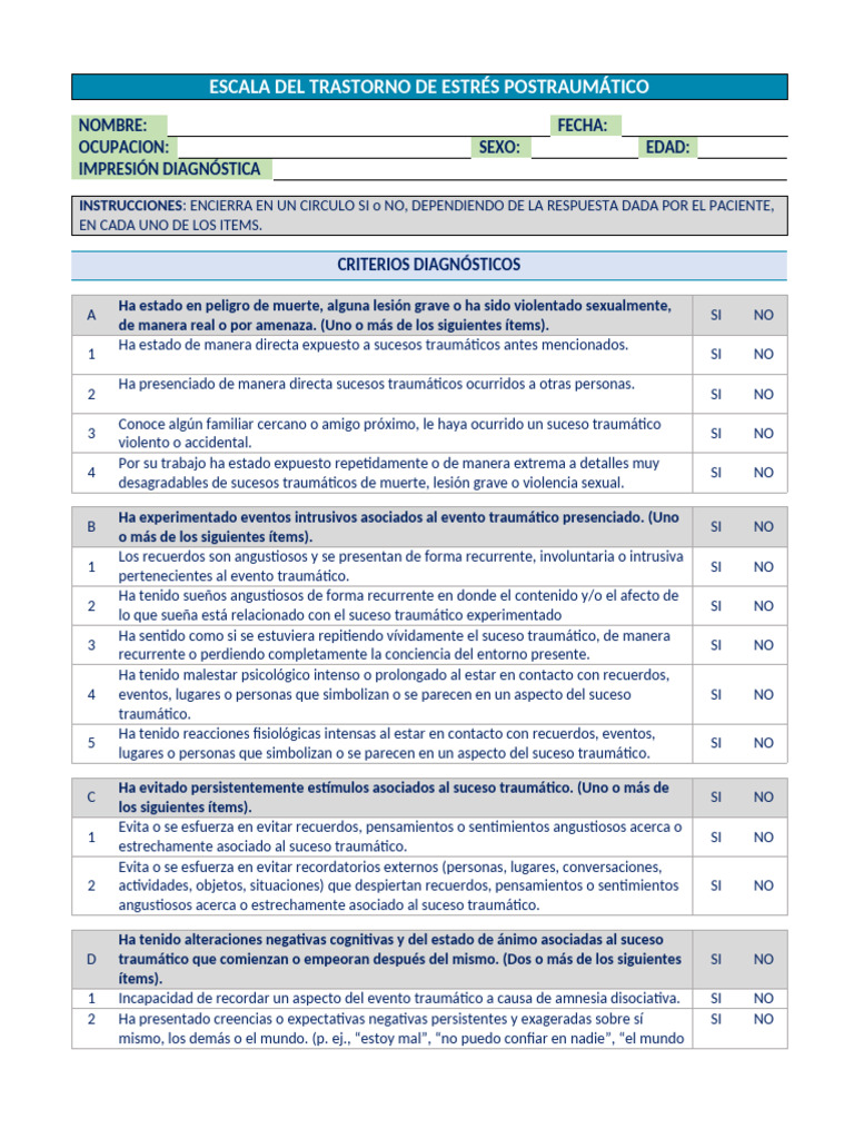 Escala Del Trastorno de Estrés Postraumático | PDF | Trauma psicólogico ...