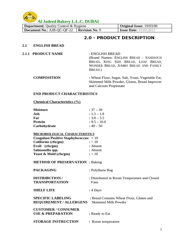 Flow Chart, Product Description and Its Intended Use | PDF | Breads ...