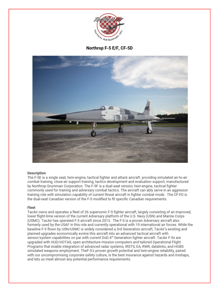 Northrop F-5E/F Overview and Capabilities | PDF | Rocket | Aviation