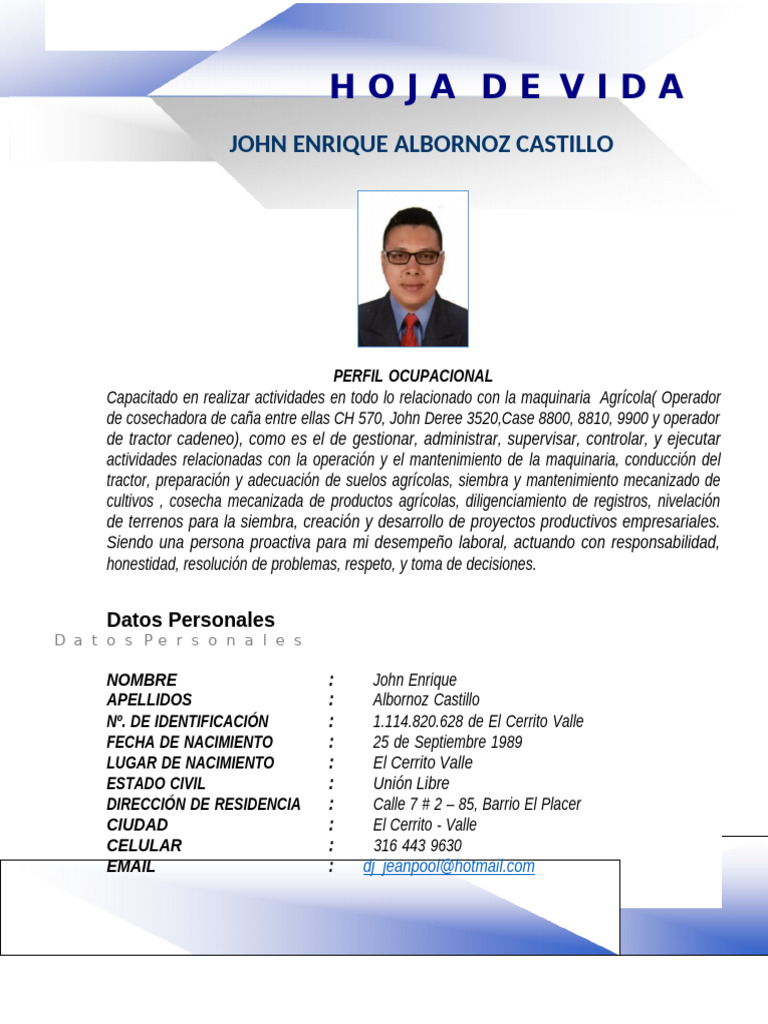 Hoja de Vida Actualizada John Enrique Albornoz Albornoz Castillo Nueva ...