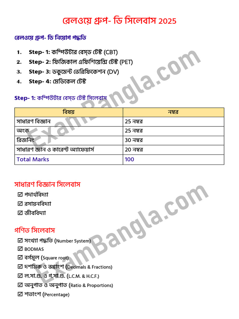 Railway Group D Syllabus 2025 in Bengali PDF | PDF