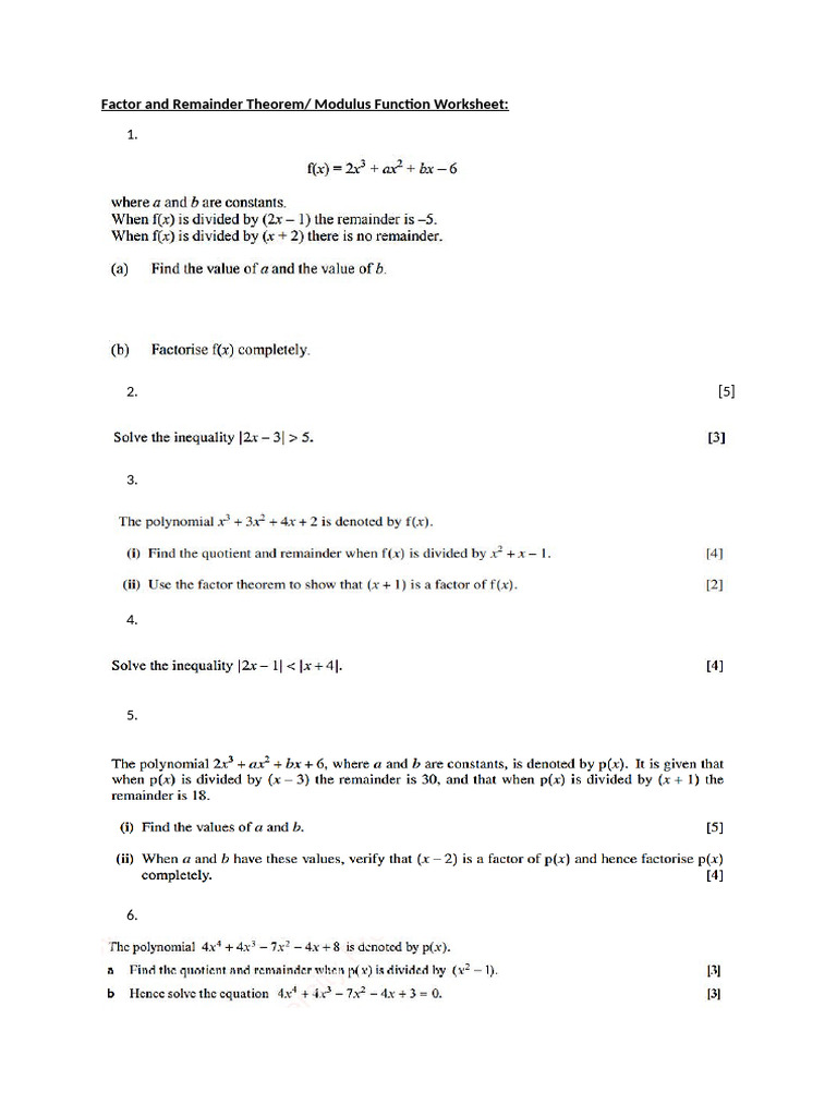 Modulus and Polynomial Worksheet | PDF