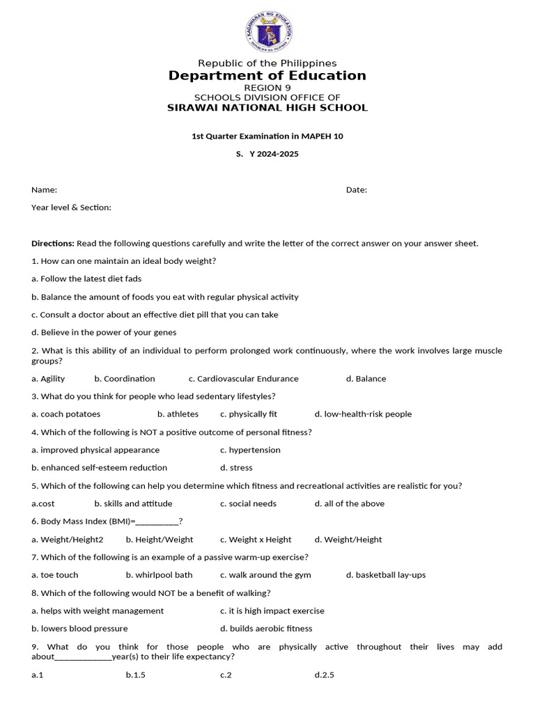 First Quarter Mapeh 10 Examination Sample Test Paper | PDF | Physical ...
