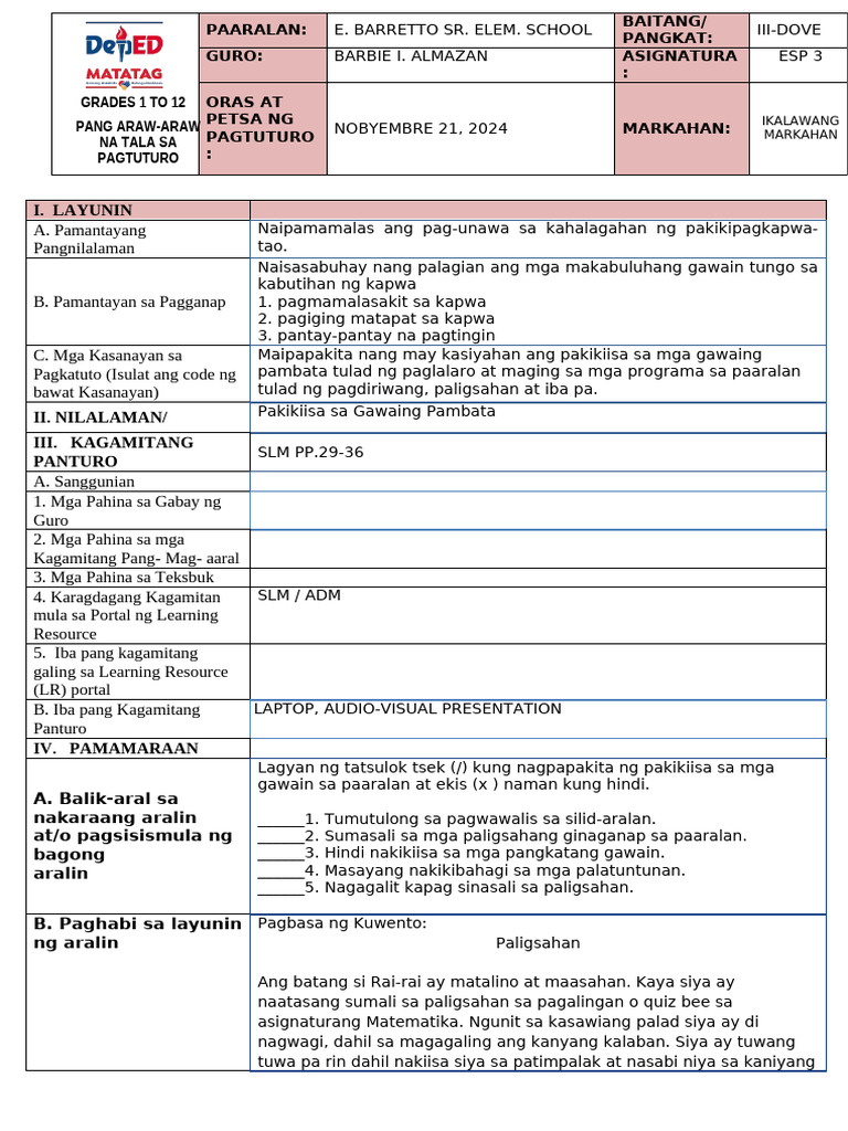 DLP-ESP 3-Q2-WEEK 7-Day'4 | PDF
