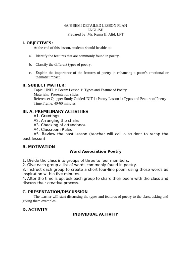 DepEd Lesson Plan SAMPLE | PDF | Poetry | Grammar