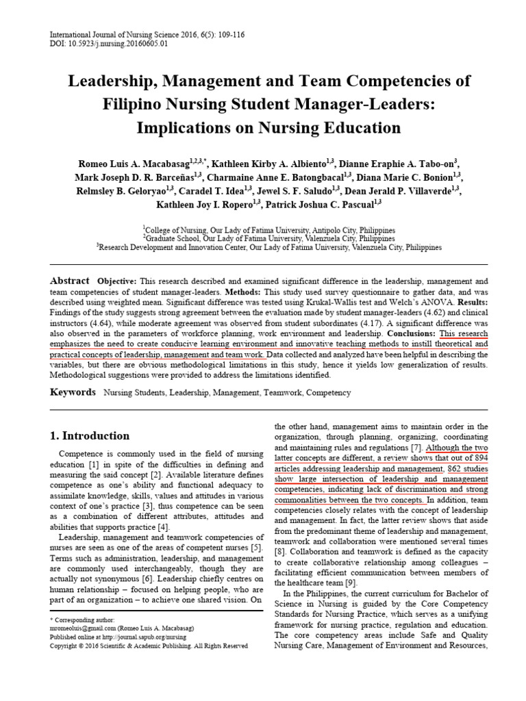 Leadership, Management and Team Competencies of Filipino Nursing ...