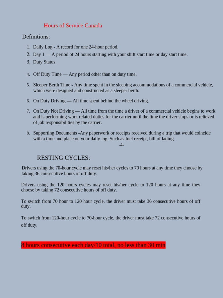 Hours of Service Summary | PDF | Land Transport | Vehicles