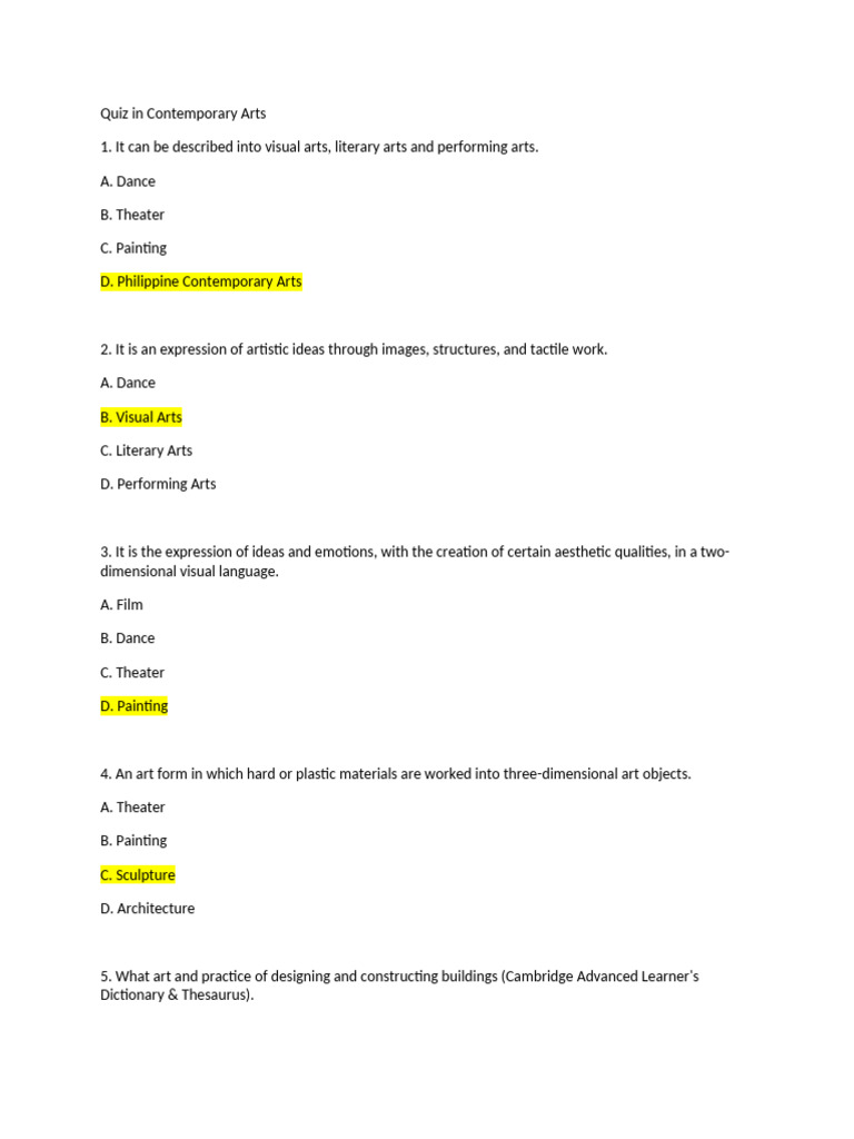 Contemporary Arts Quiz Questions | PDF