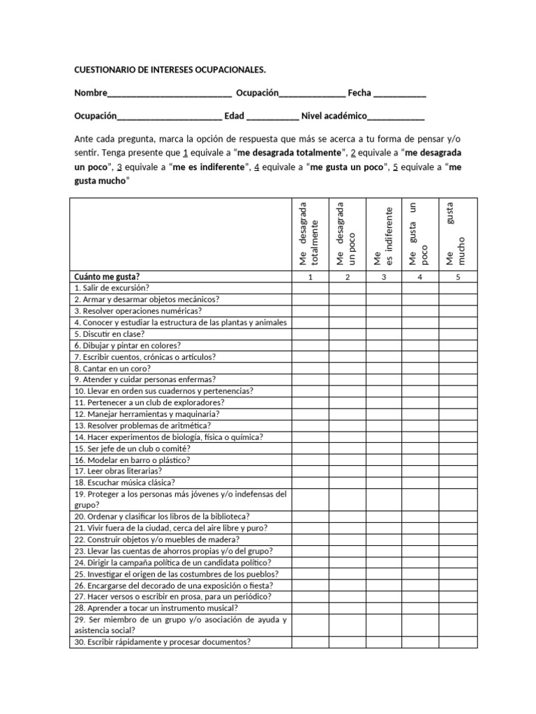 Cuestionario de Intereses Ocupacionales | PDF