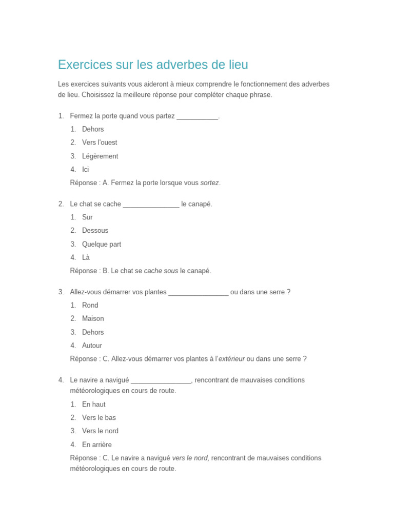 Exercices sur les adverbes de lieu | PDF | Adverbe | Phrase