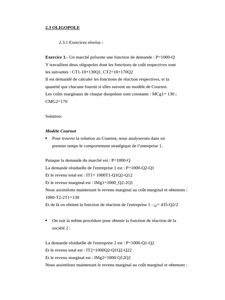 Modèles d'oligopole : Cournot et Bertrand | PDF | Organisation ...