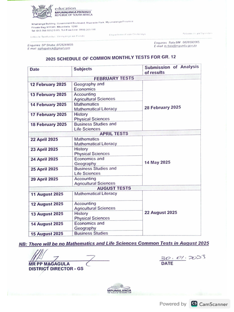 2025 Gr12 Monthly Tests Time-Table - 250201 - 002438 | PDF