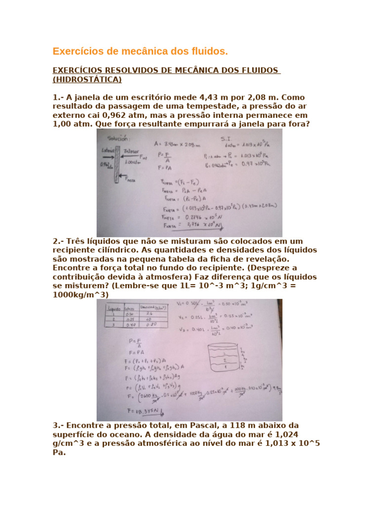 Exercícios de Mecânica Dos Fluidos | PDF | Pressão | Gases