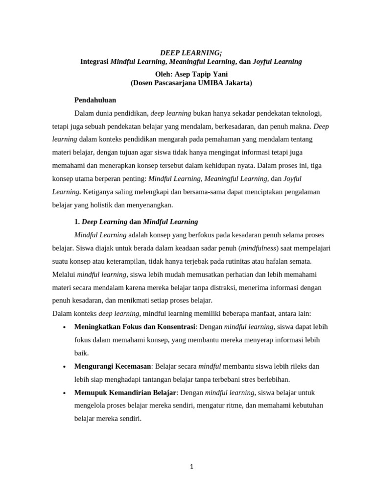 Deep Learning - Integrasi Mindful Learning, Meaningful Learning, Dan Joyful Learning | PDF